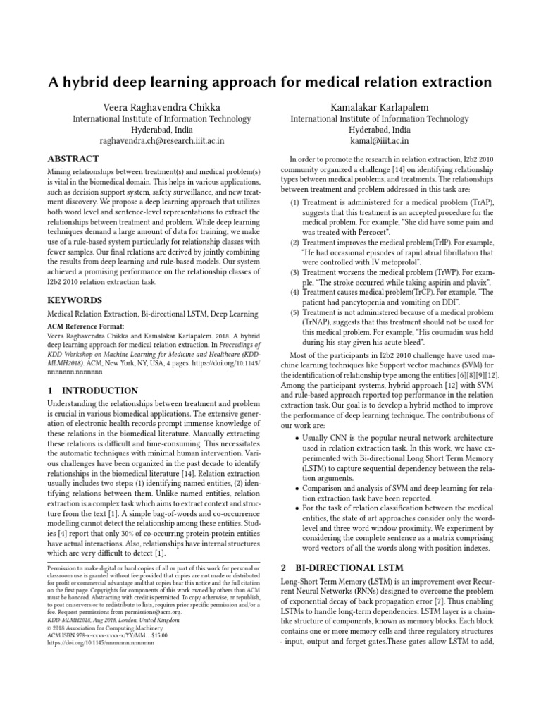 A Hybrid Deep Learning Approach For Medical Relation Extraction | PDF | Support Vector Machine ...