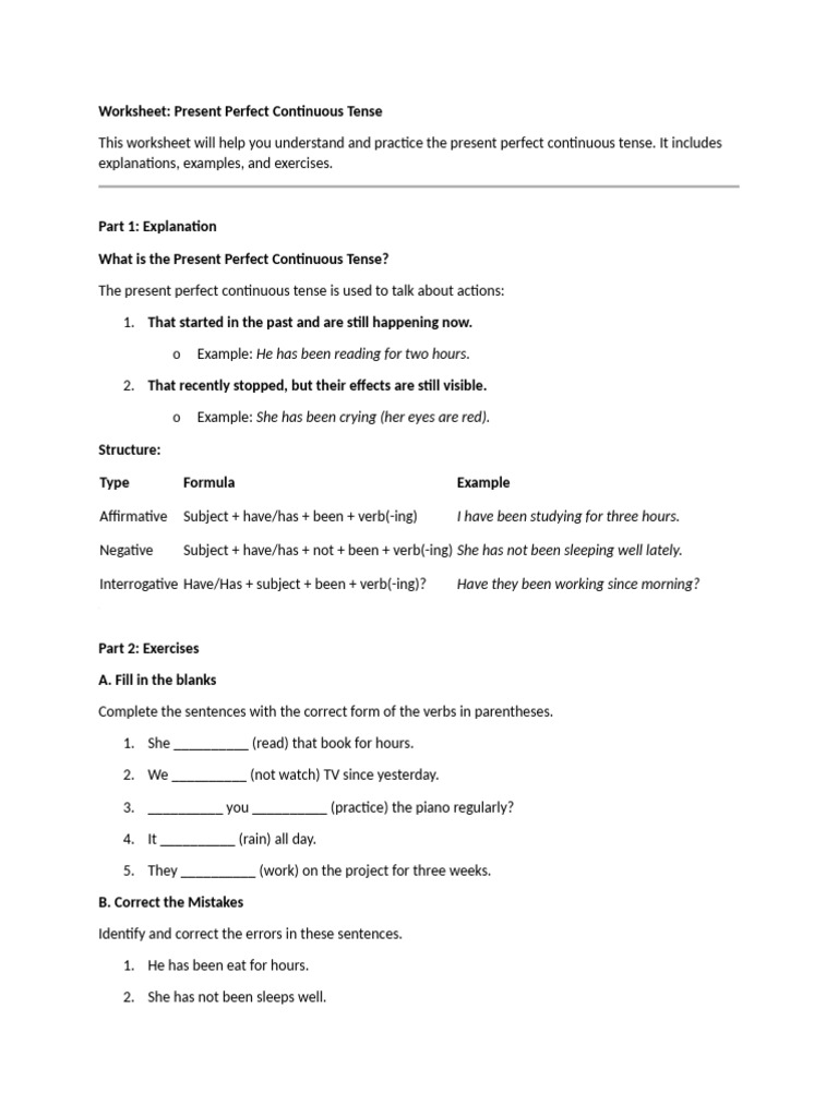 Worksheet For Present Perfect Continuous Tense | PDF | Subject (Grammar ...