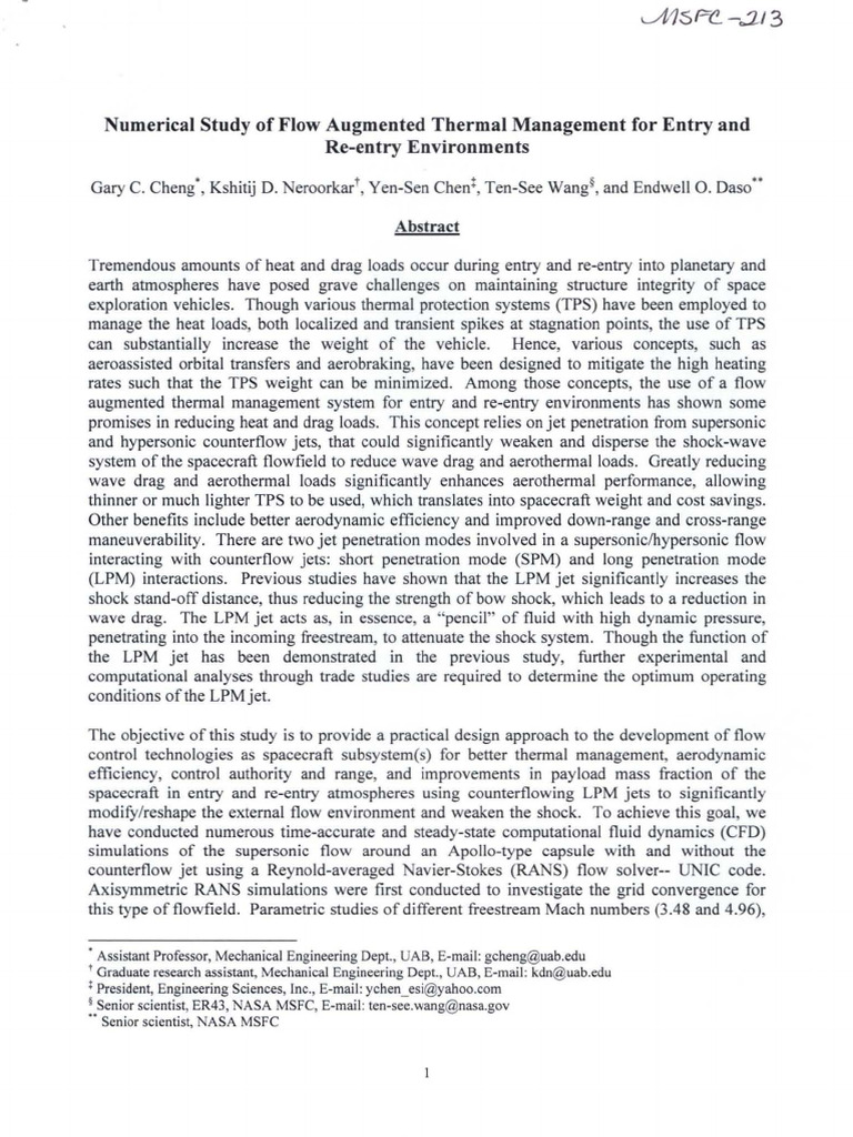 Numerical Study of Flow Augmented Therma | PDF | Atmospheric Entry ...