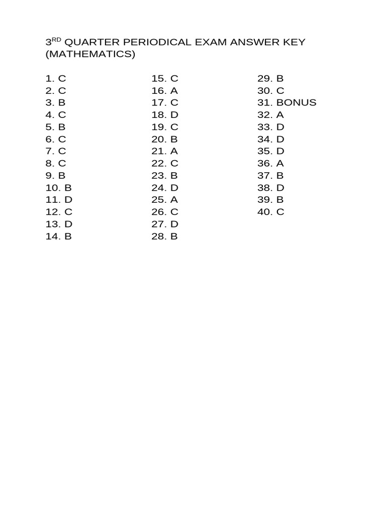 3rd Quarter Exam Answer Key: Math & ESP | PDF