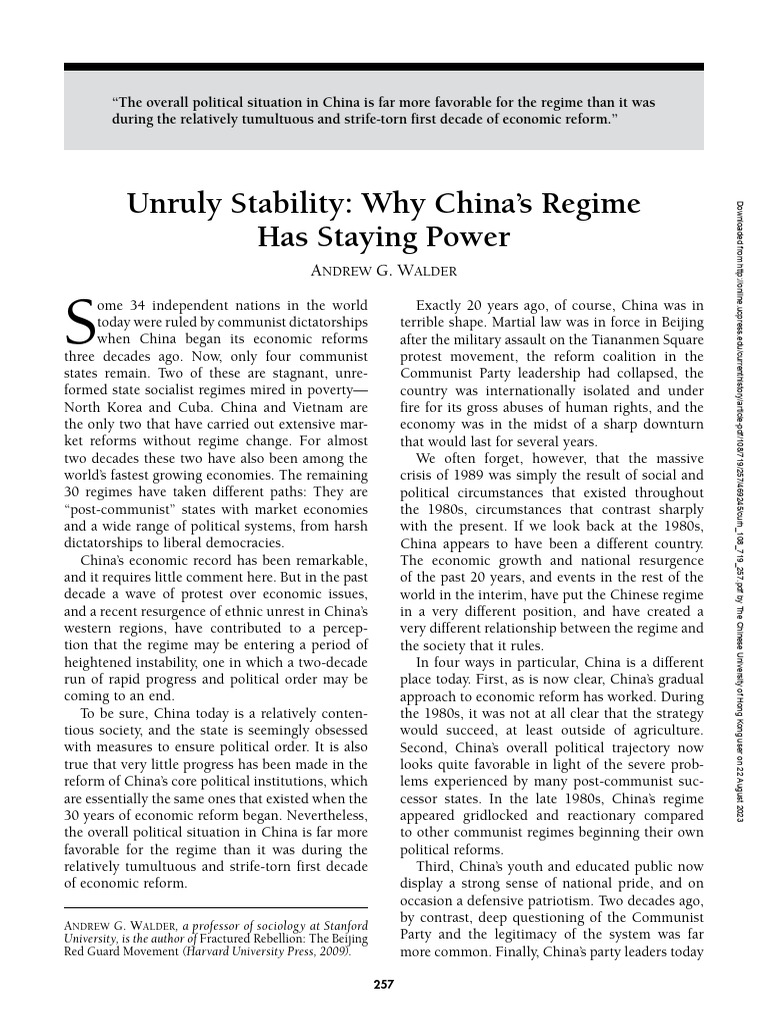Walder, Andrew G. 2009. Unruly Stability Why China's Regime Has Staying ...