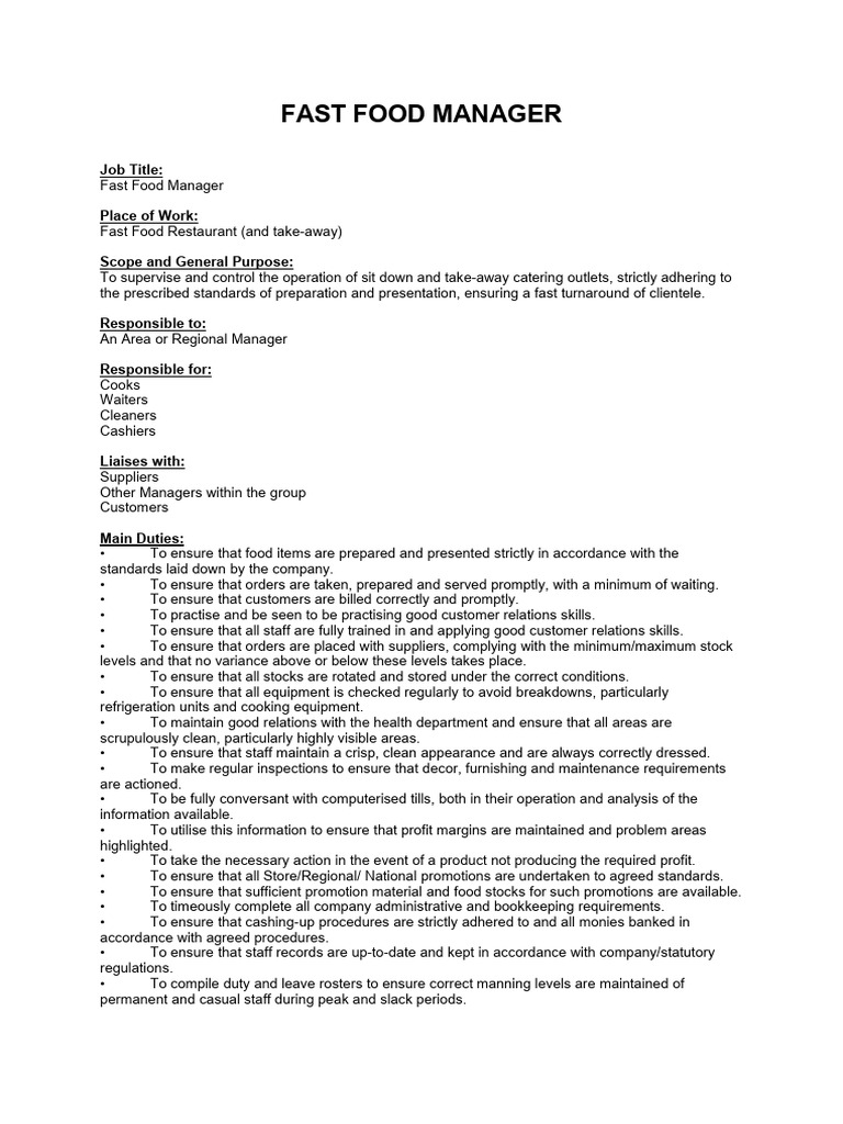 Fast Food Manager Responsibilities | PDF
