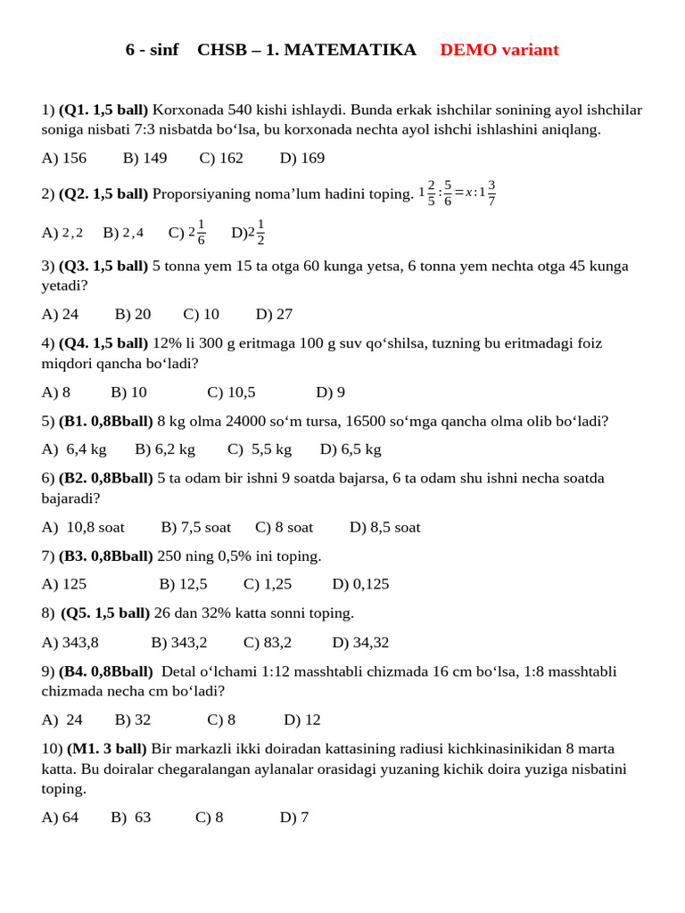 6 - Sinf CHSB - 1. Matematika: (Q1. 1,5 Ball) | PDF