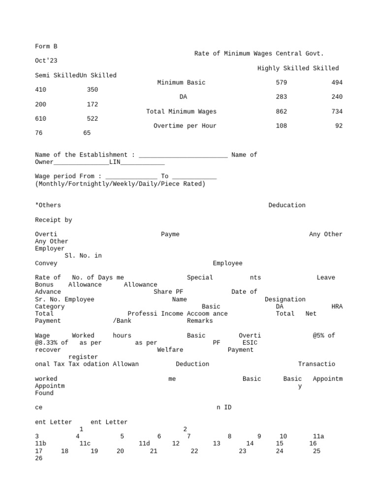 Form B Format of Wage Register Sample | PDF | Wage | Employment