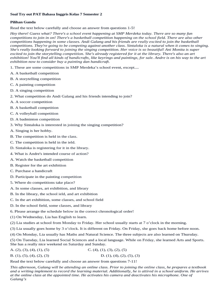 Soal PAT Bahasa Inggris Kelas 7 Semester 2 | PDF