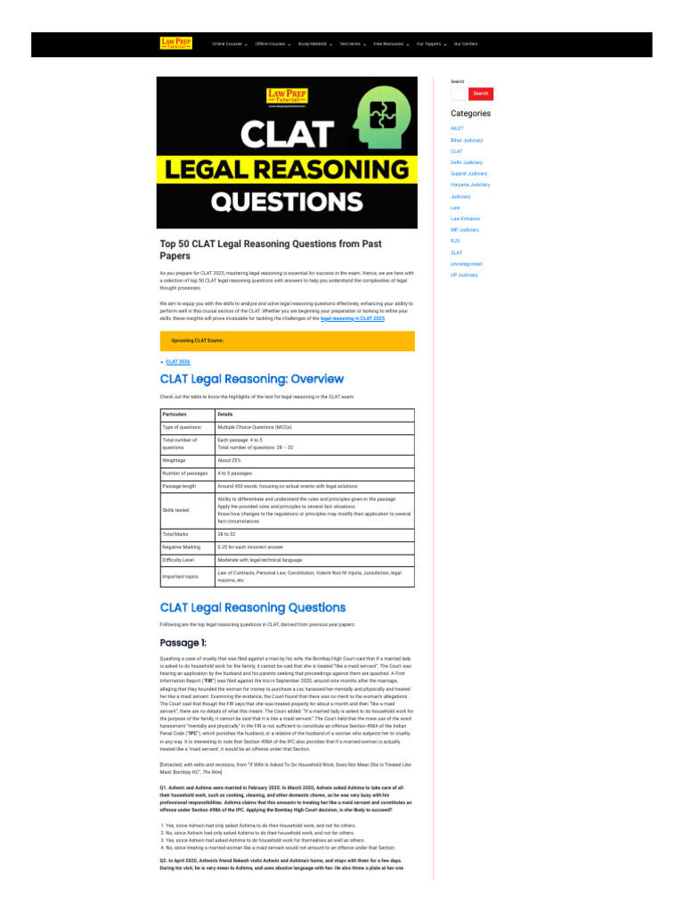 WWW Lawpreptutorial Com Blog Clat Legal Reasoning Questions | PDF ...