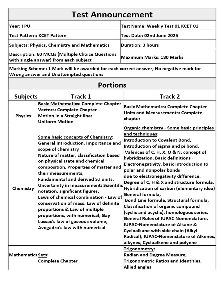 02nd June 2025 WT 01 Kcet | PDF | Chemistry | Alkane