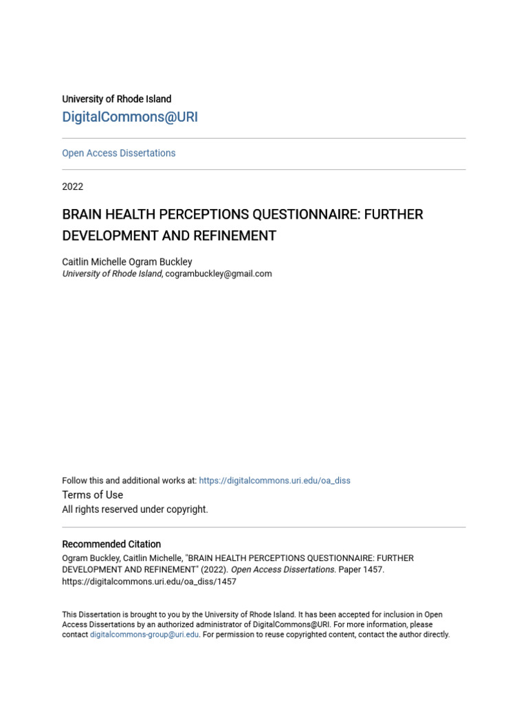Brain Health Perceptions Questionnaire - Further Development and R ...