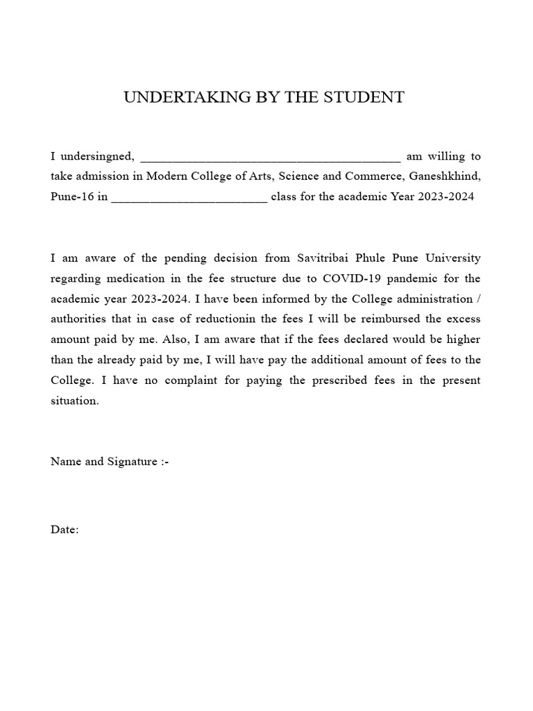 Student Admission Undertaking 2023-2024 | PDF