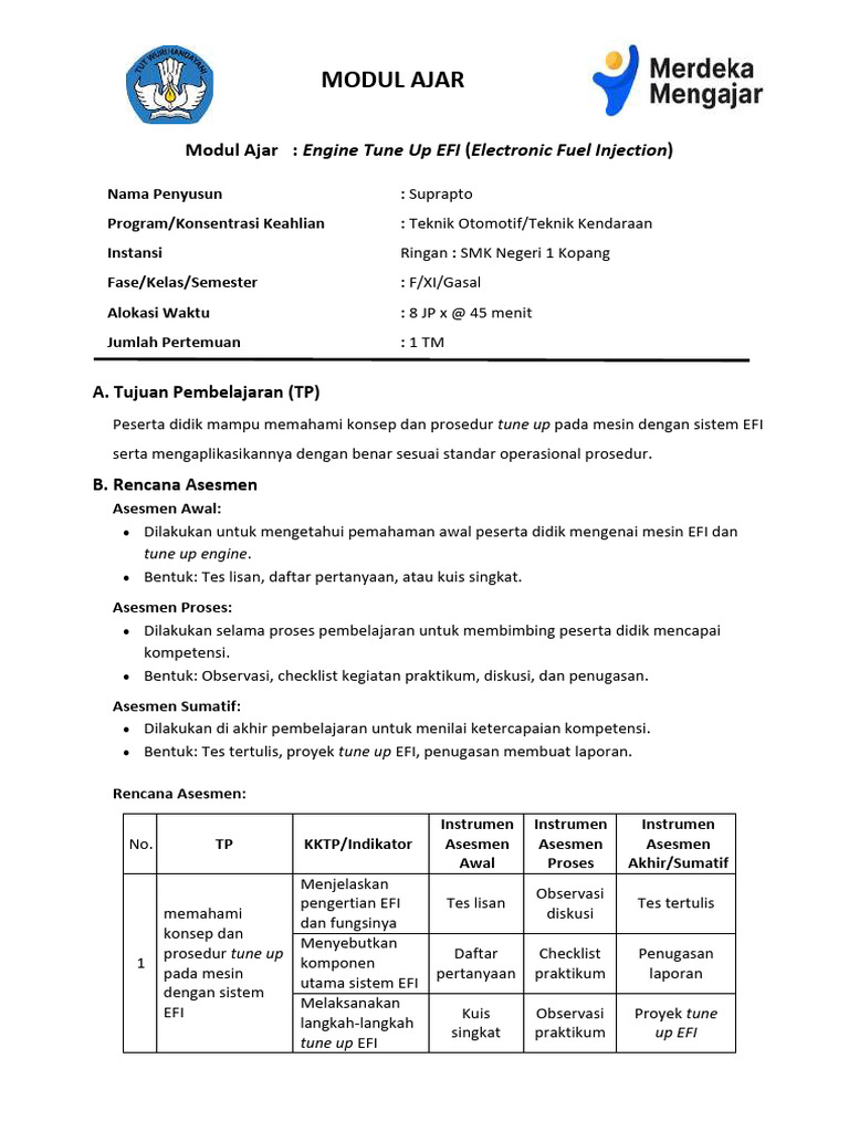 Modul Ajar Teknik Kendaraan Ringan - Engine Tune Up EFI (Electronic Fuel Injection) - Fase F ...