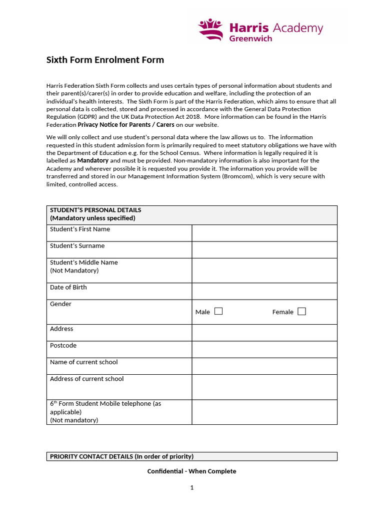 Harris Sixth Form Enrolment Form | PDF | Biometrics | Information Privacy