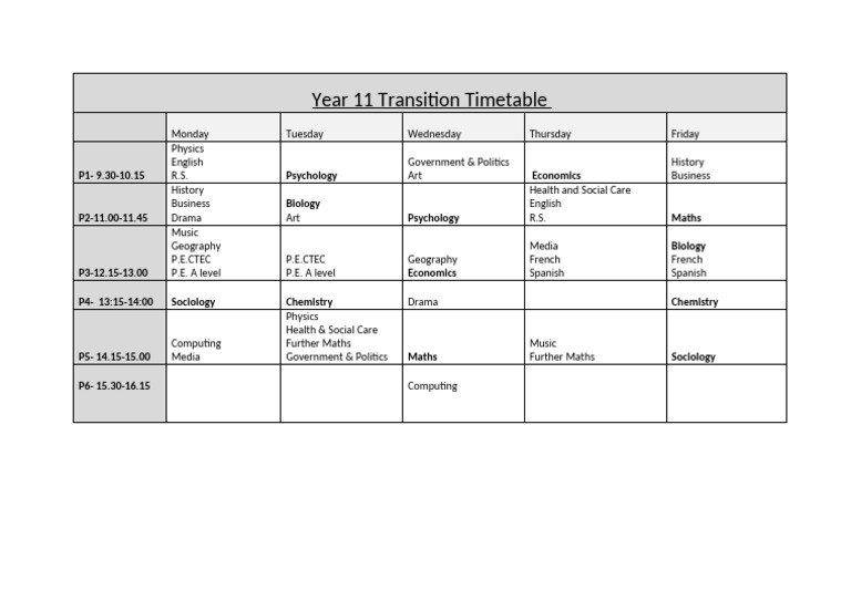 Year 11 Transition Timetable | PDF