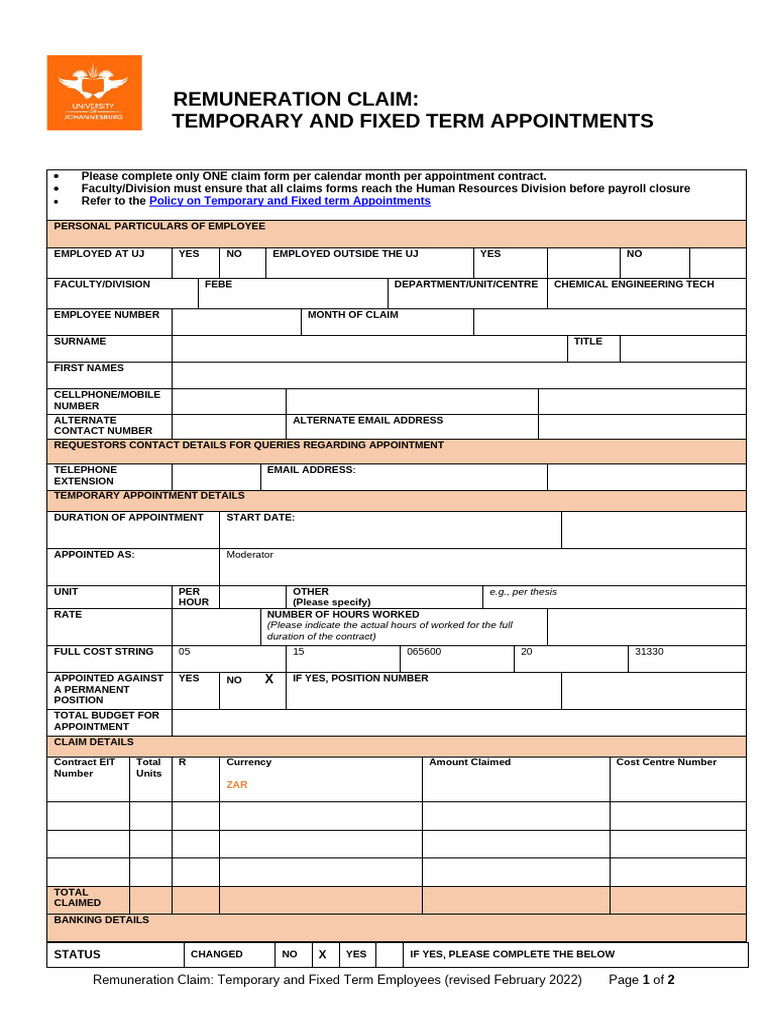Remuneration Claim Form for UJ Employees | PDF