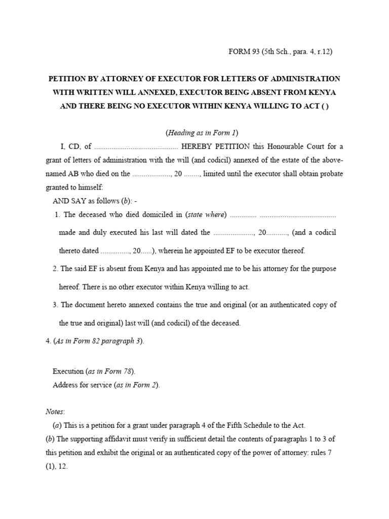 Form 93-Petition by Attorney of Executor For Letters of Administration ...