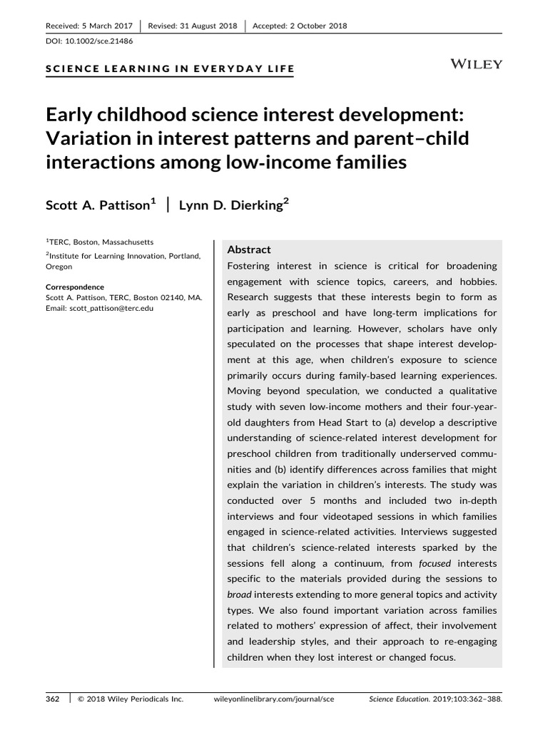Early Childhood Science Interest Development Variation in Interest Patterns and Parent-Child ...