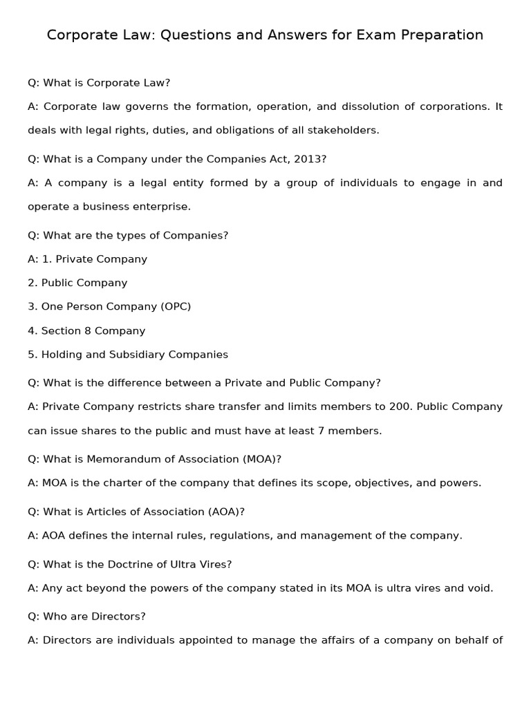 Corporate Law Exam Q&A Guide | PDF | Corporate Law | Articles Of ...