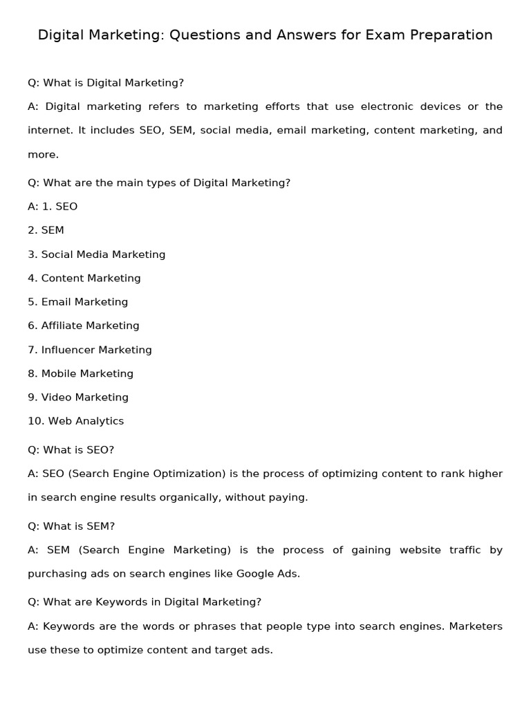 Digital Marketing Exam Questions Answers | PDF | Search Engine ...