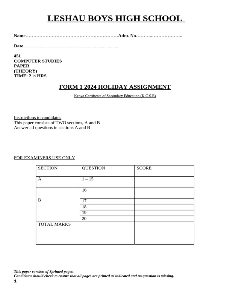 Form 1 Computer Studies Holiday Assignment | PDF | Computer Science ...