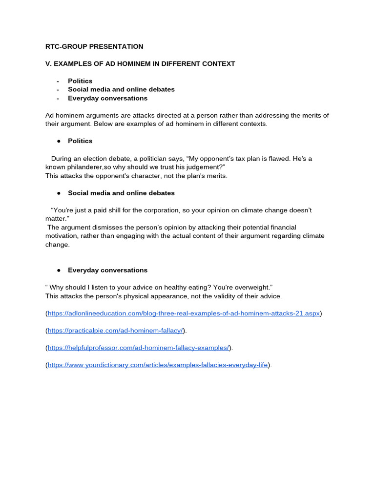 Ad Hominem Examples Across Contexts | PDF