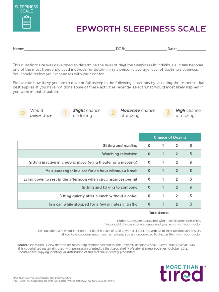 Epworth Sleepiness Scale Questionnaire | PDF | Sleep Disorder | Sleep ...