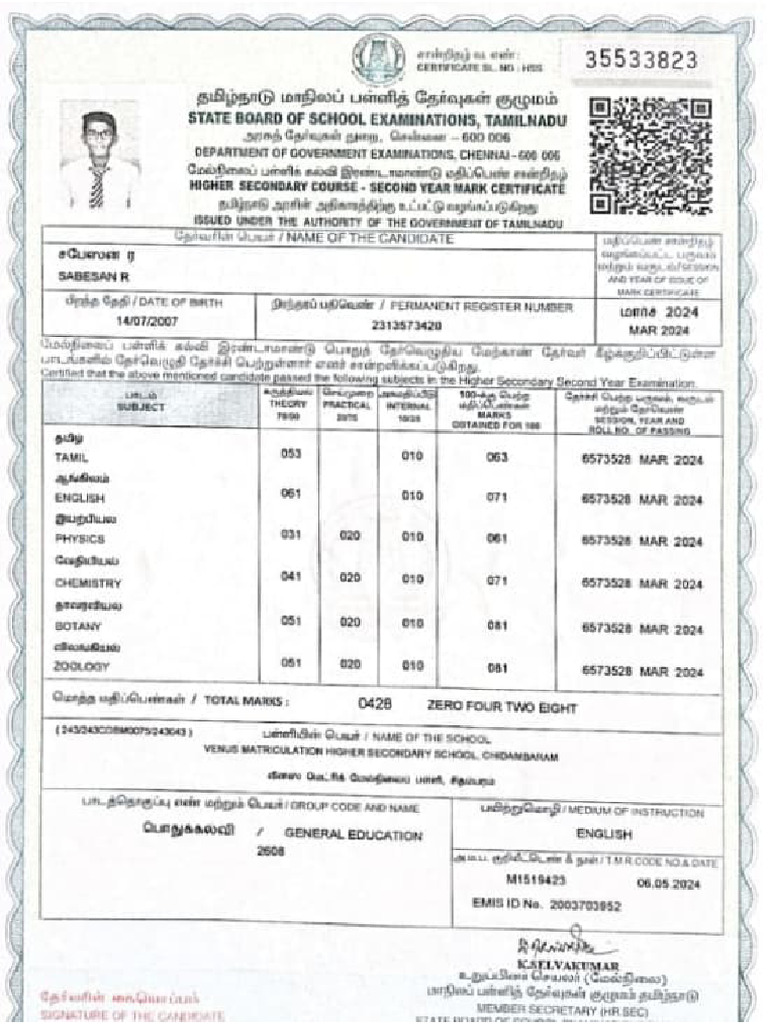 Sabesan 12th Marksheet PDF | PDF