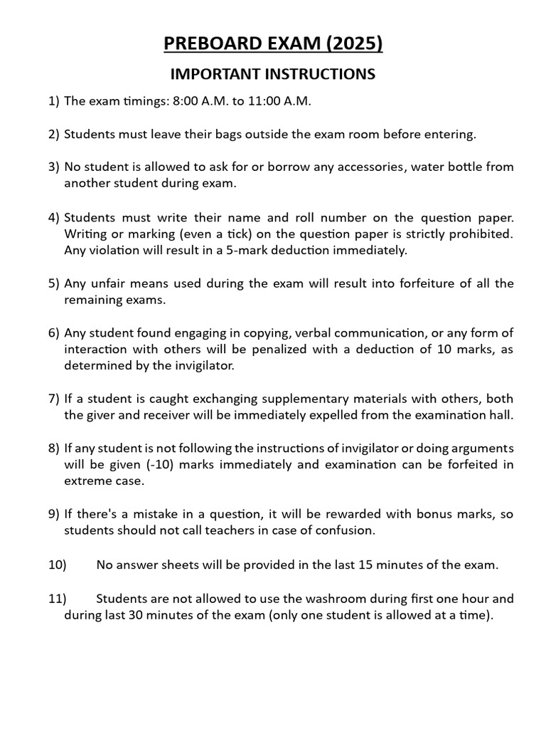 Preboard Exam Instructions For Students | PDF