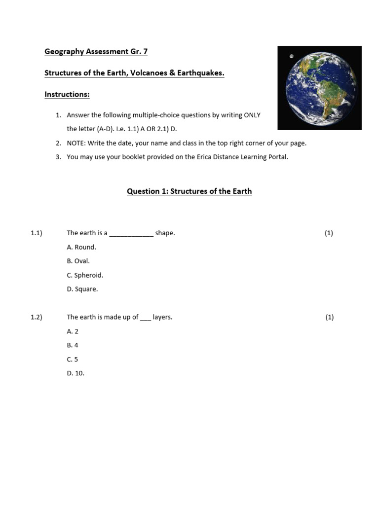 Gr. 7 Geography Assessment: Earth Structures | PDF | Volcano | Types Of ...