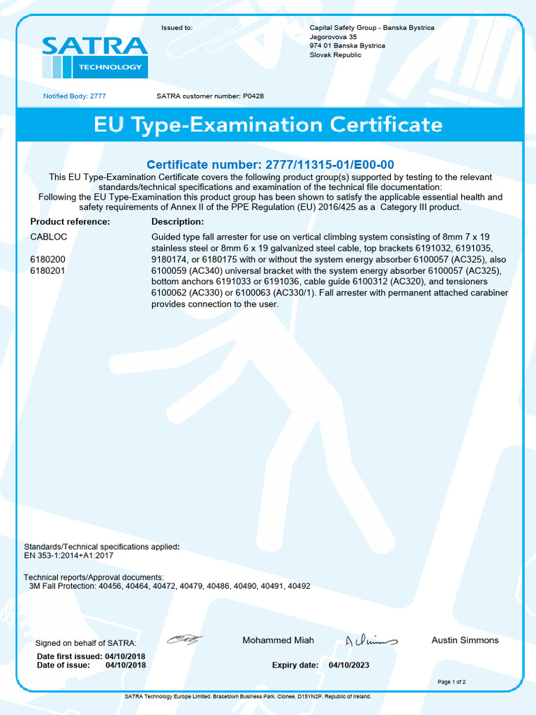 3M Cabloc Cable Vertical Safety System EU Certificate 6180200 | PDF