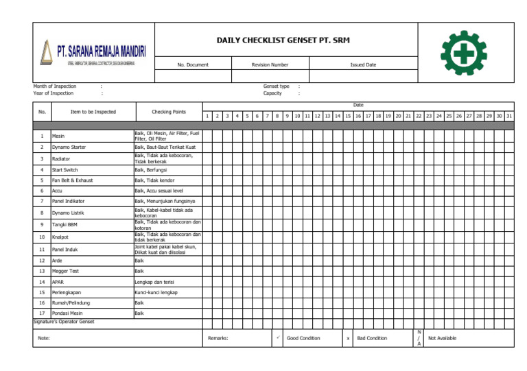 Daily Checklist Genset | PDF