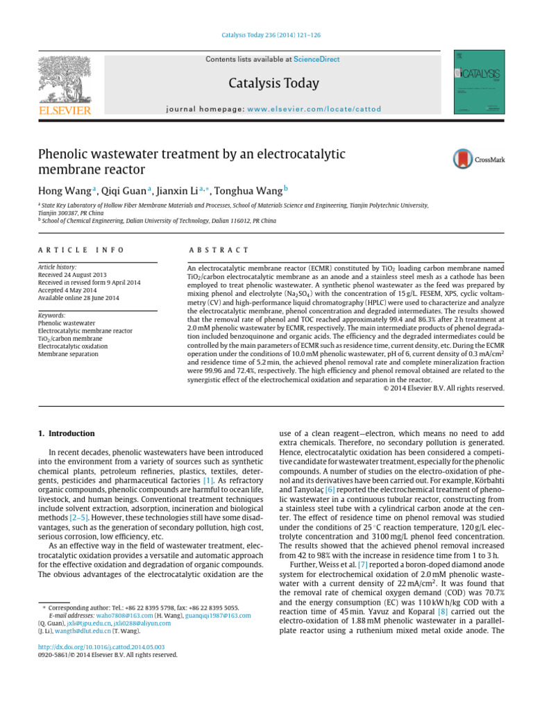 Phenolic Wastewater Treatment by An Electrocatalytic Membrane Reactor ...