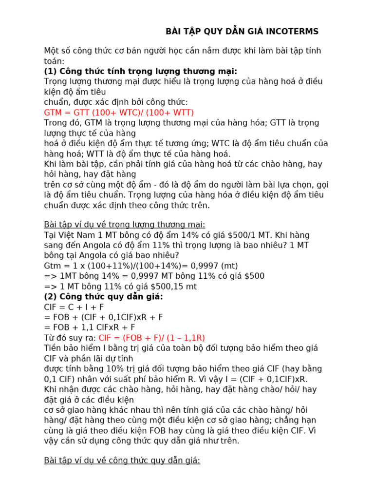 Bài Tập Quy Dẫn Giá Incoterms 2024 - Word | PDF
