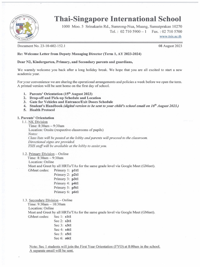 n2, Kindergarten, Primary, Secondary Welcome Letter | PDF