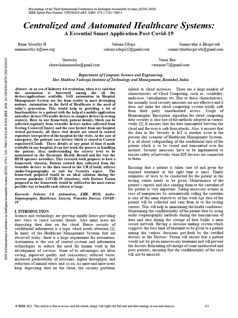 2020 Centralized and Automated Healthcare Systems A Essential Smart Application Post Covid 19 ...