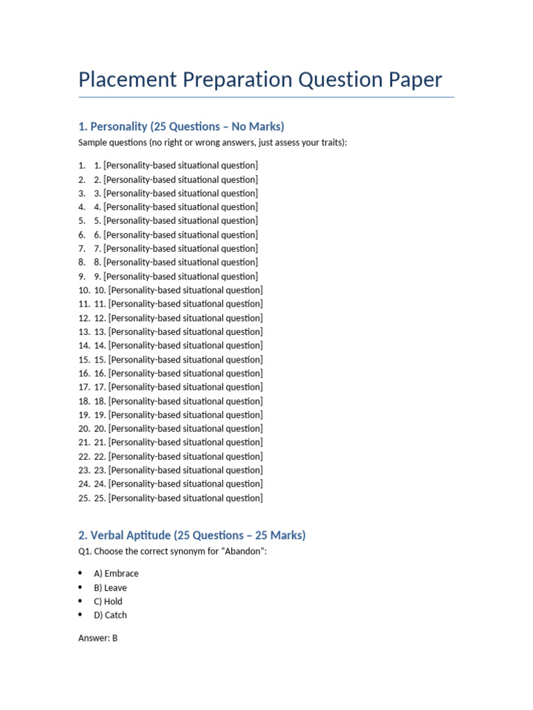 Placement Preparation Question Paper | PDF | Object Oriented ...