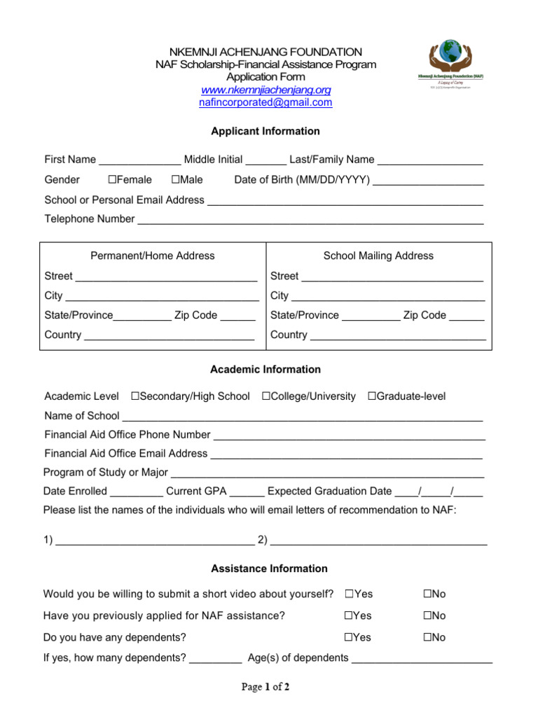 NAF Scholarship Application Form | PDF