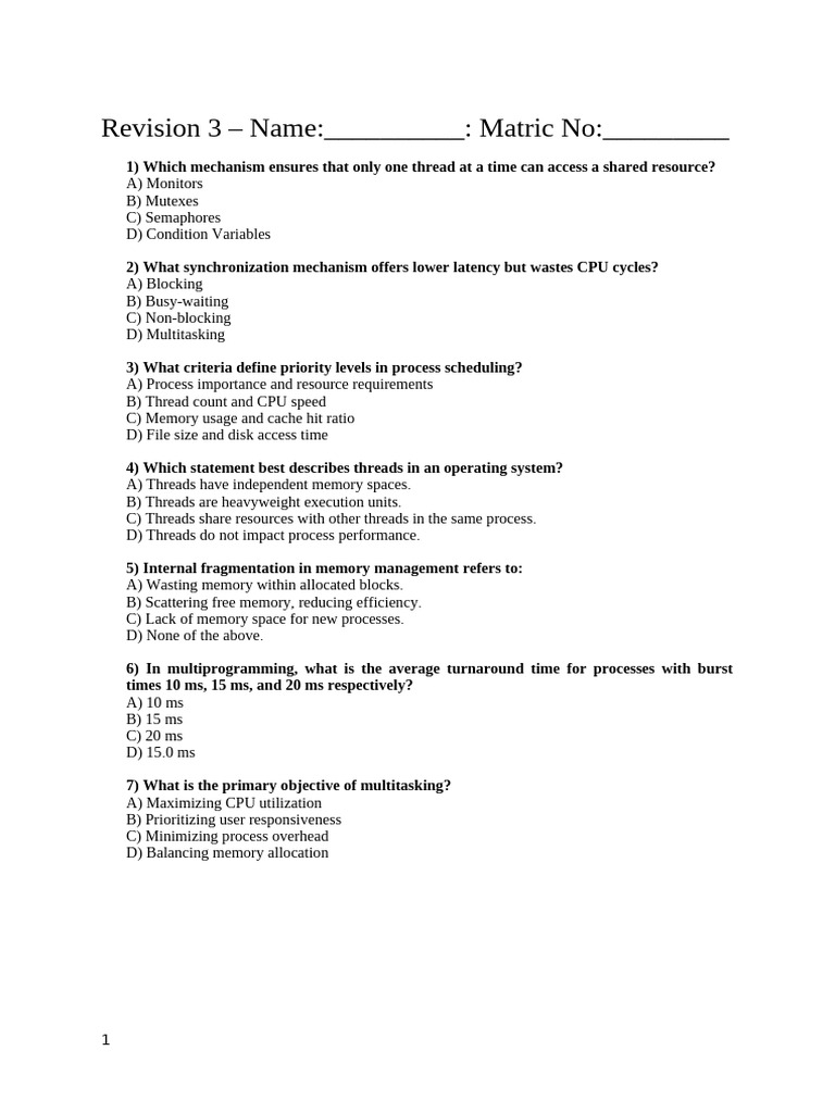 Revision 3 Without Answers | PDF | Process (Computing) | Scheduling (Computing)