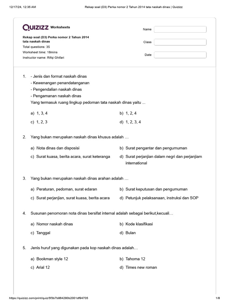 Rekap Soal (D3) Perka Nomor 2 Tahun 2014 Tata Naskah Dinas - Quizizz | PDF
