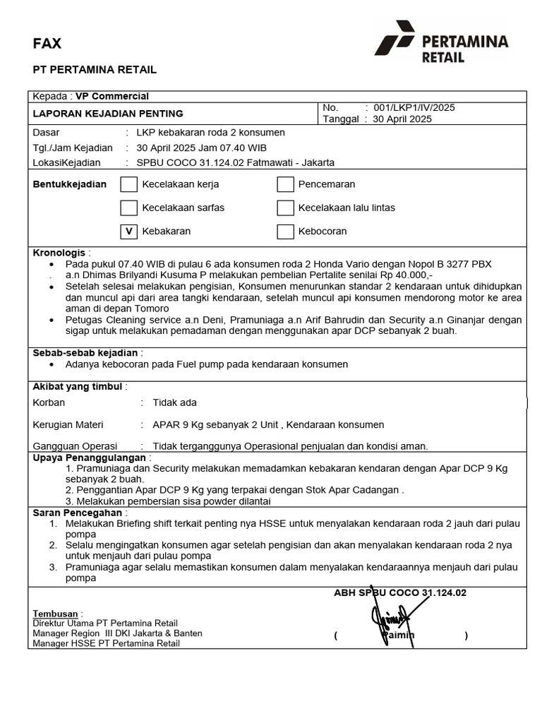 Form LKP (Laporan Kejadian Penting 1x24) SPBU Fatmawati 2 | PDF