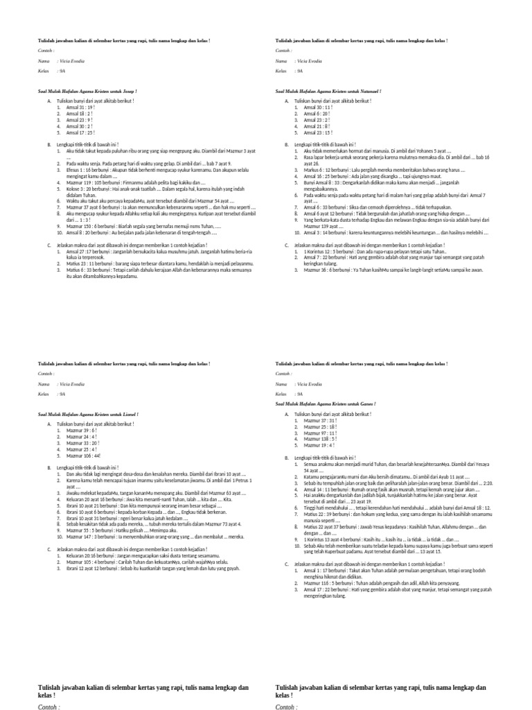 Soal Mulok Hafalan Agama Kristen Dan Hindu 2023 | PDF