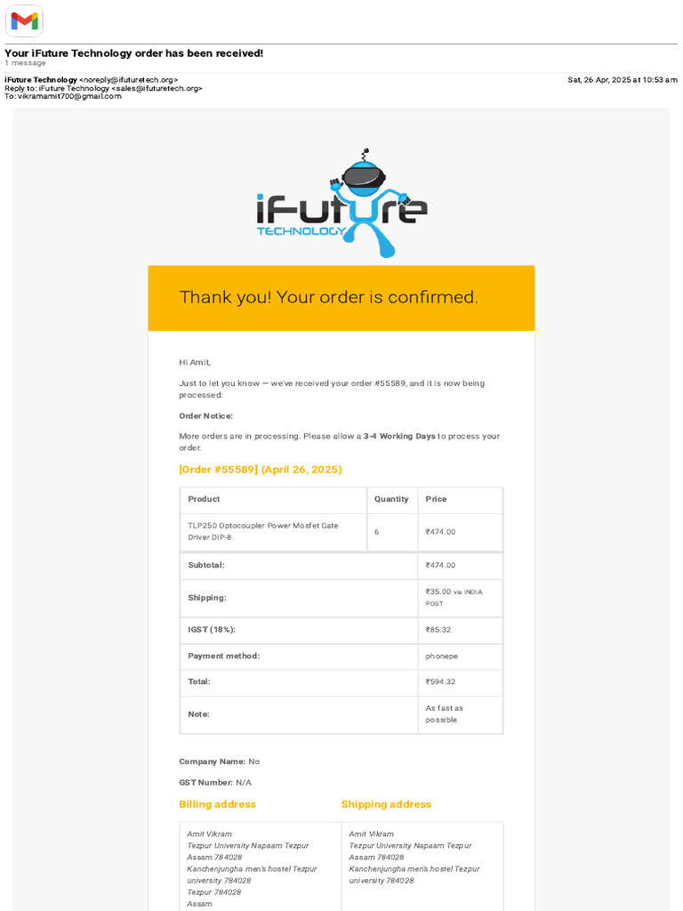 Gmail - Your Ifuture Technology Order Has Been Received! | PDF ...
