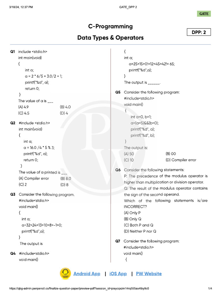 Data Types and Operators - DPP 02 | PDF