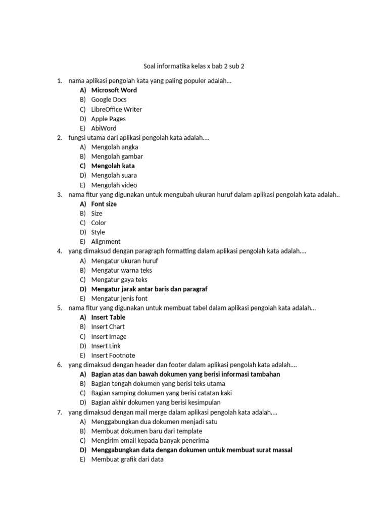 Soal Informatika Kelas X Bab 2 Sub 2 | PDF