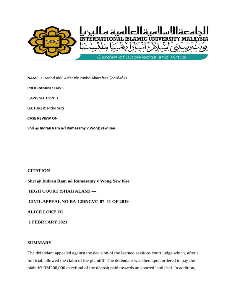 Case Review: Indran Ram v Wong Yew Kee | PDF | Lawsuit | Res Judicata