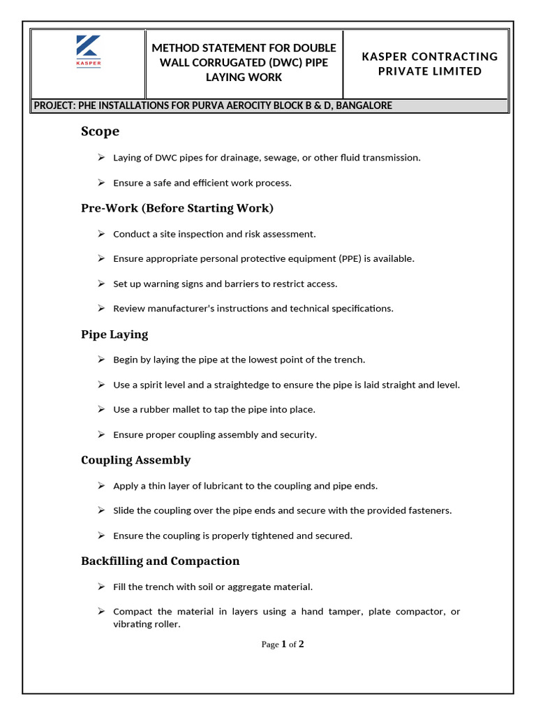 DWC Pipe Laying Method Statement | PDF | Pipe (Fluid Conveyance ...