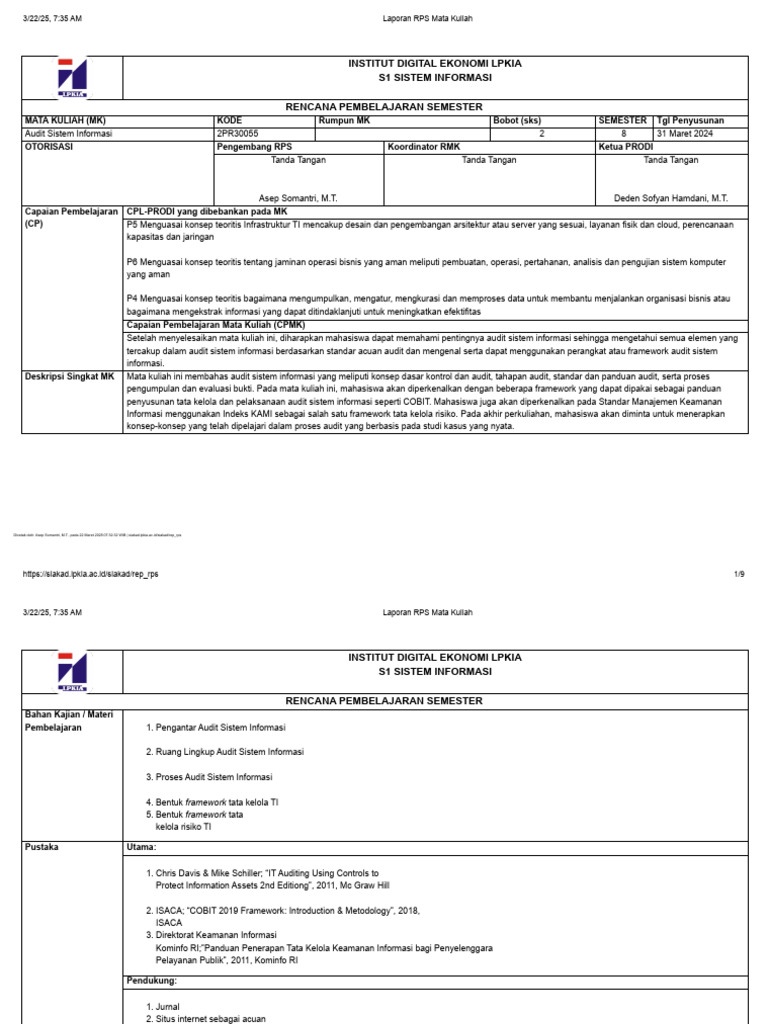 Laporan RPS Mata Kuliah | PDF