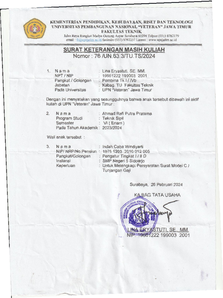 Surat Ket Aktif Kuliah Rafi 2024 Fix | PDF