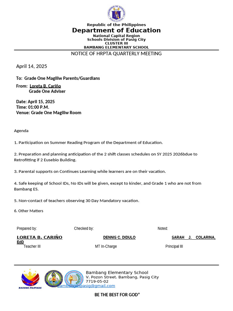 Notice of Parent Quarterly Meeting | PDF