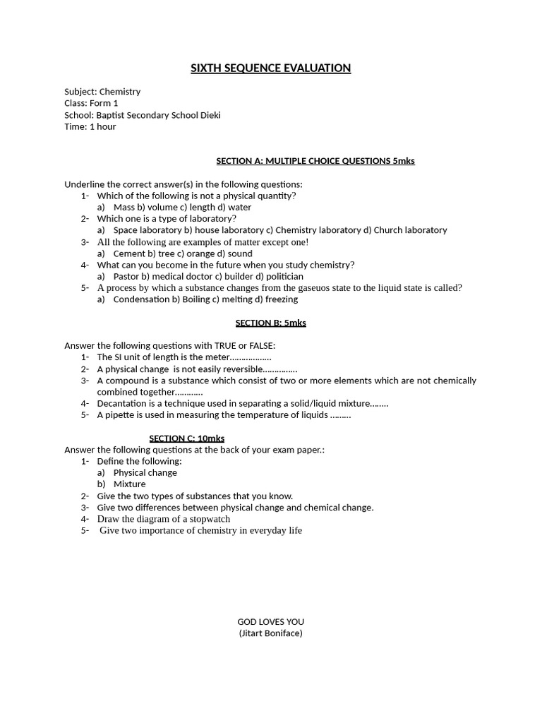 Chemistry Evaluation F1-1 | PDF