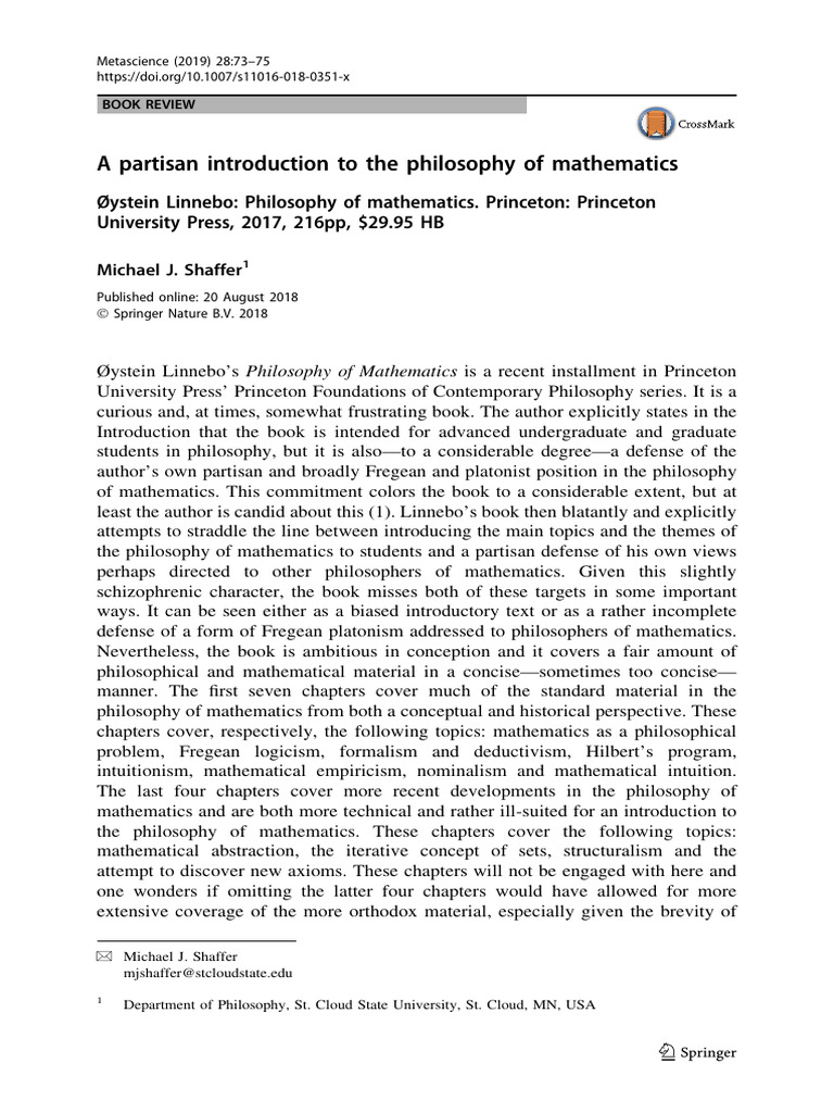 A Partisan Introduction To The Philosophy of Mathematics. Michael J ...