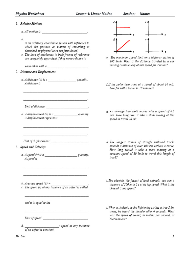Linear Motion Physics Worksheet | PDF | Acceleration | Velocity